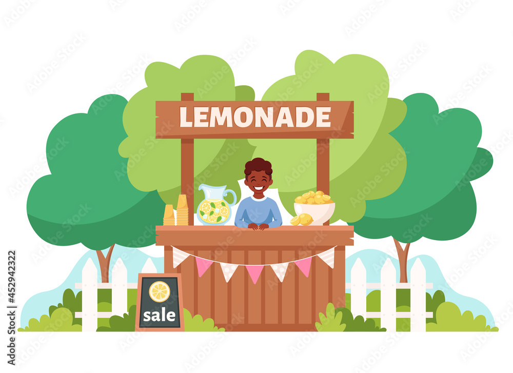 Black boy selling cold lemonade in lemonade stand. Summer cold drink ...