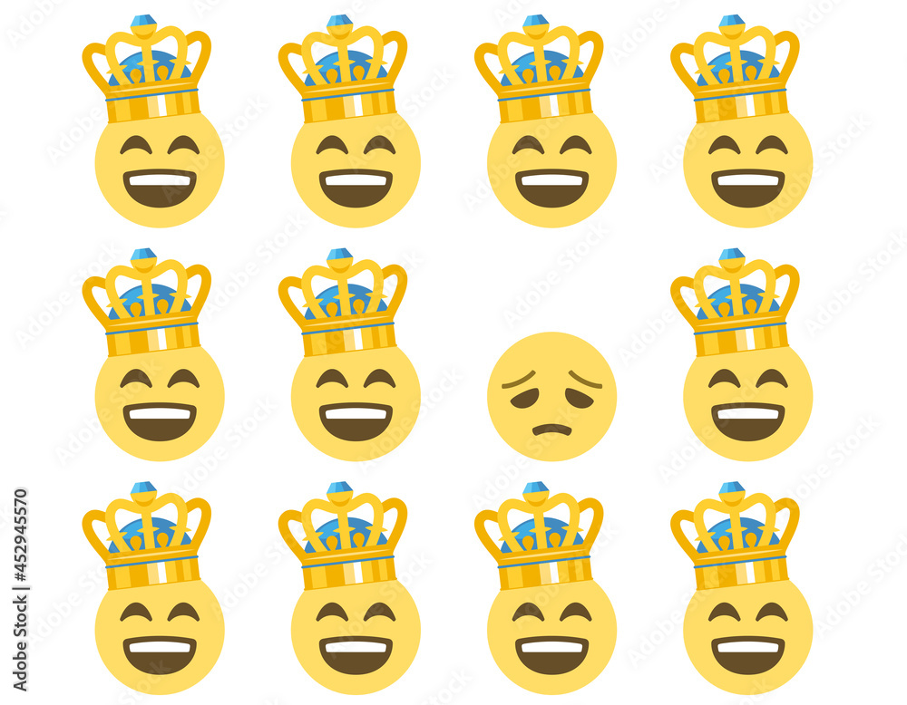 happy faces with crown and one disappointed face,emoji concept pattern ...
