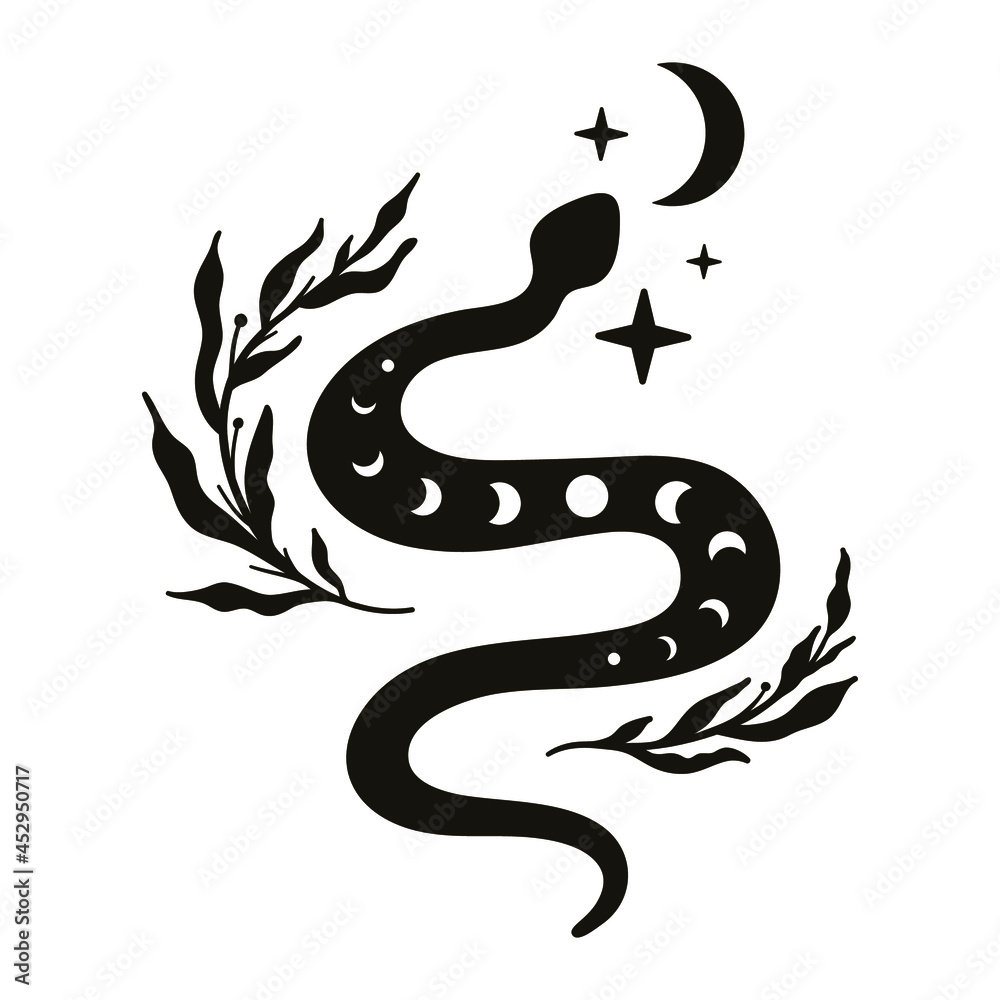 Celestial snake. Mystic animal, moon floral serpent, mystical moon ...