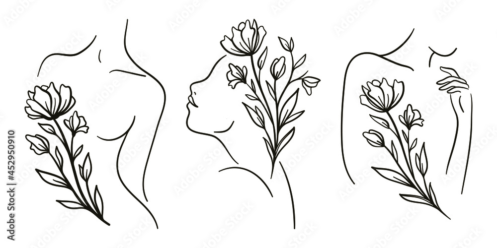Woman with flowers clipart. Floral woman. Female Body Line Art. Black ...