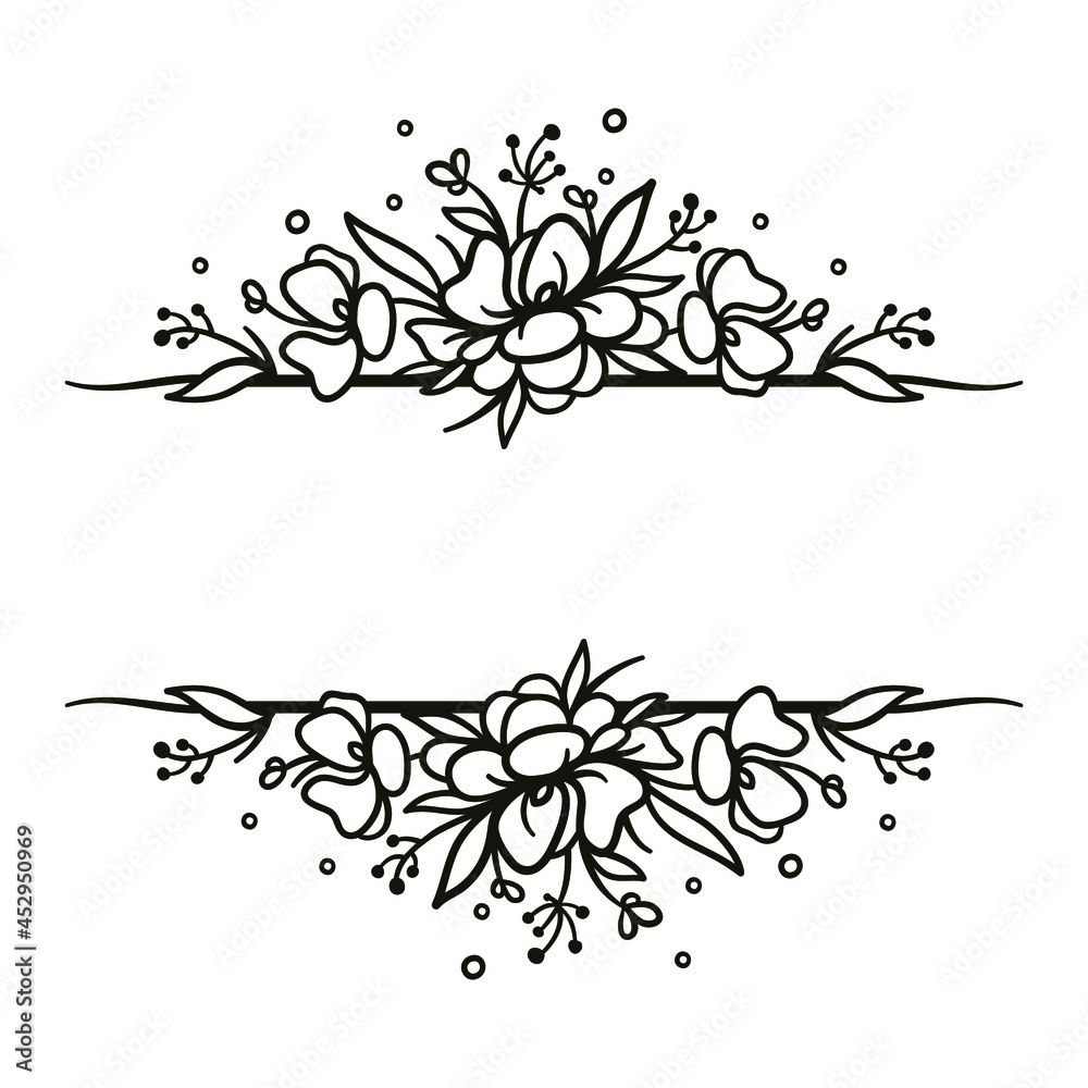 Vector black and white floral border of hand drawn buds and leaves in ...