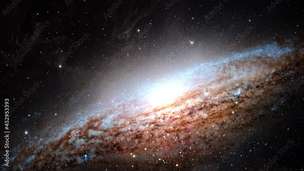 Seamless loop galaxy exploration through outer space towards glowing ...