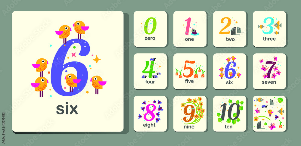 Collection of numbers from 0 to 10 with fish, animals, birds and plants ...