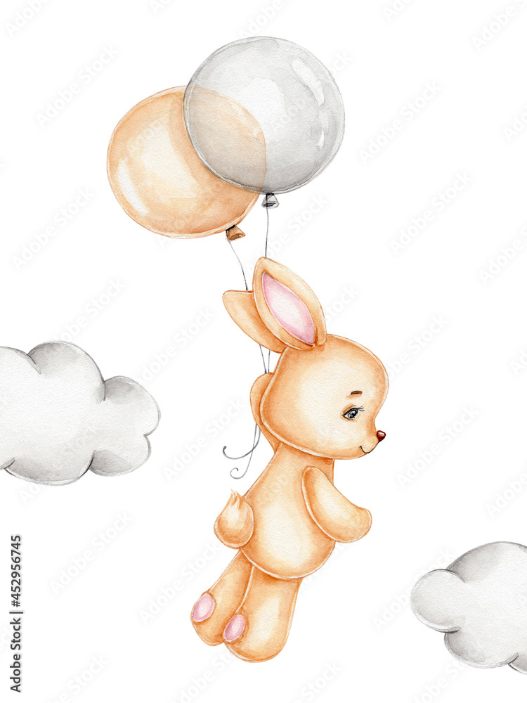 Cartoon bunny flying on balloons and clouds; watercolor hand drawn ...