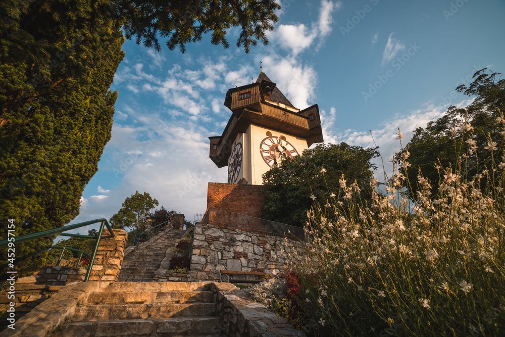 Schlossberg clock tower, a representative symbol of Graz city, Austria ...
