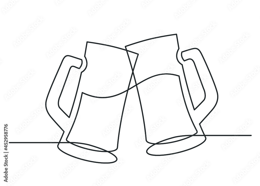 Continuous one line drawing of cheers two beer mugs. Vector ...
