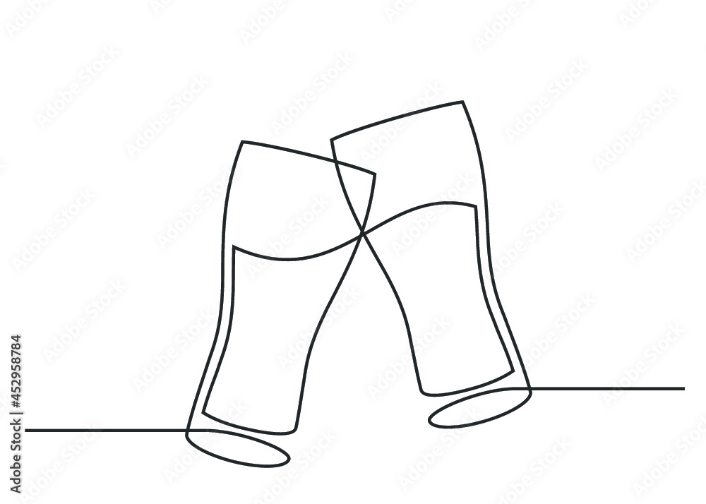 Continuous one line drawing of cheers two beer glasss. Vector ...