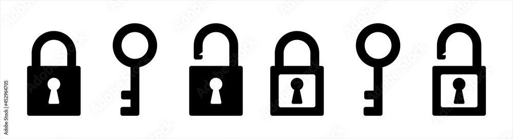Open and closed padlock icons with key, security check sign. Locks ...