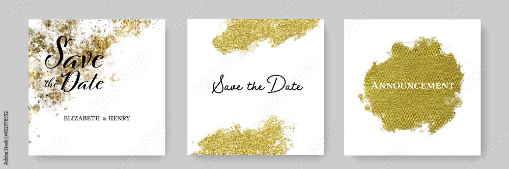 Gold wedding invitation, square layout, luxury metallic texture, for ...