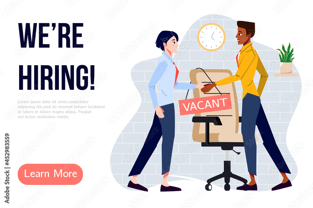 We are hiring banner design. Job vacancy vector poster. People shake ...