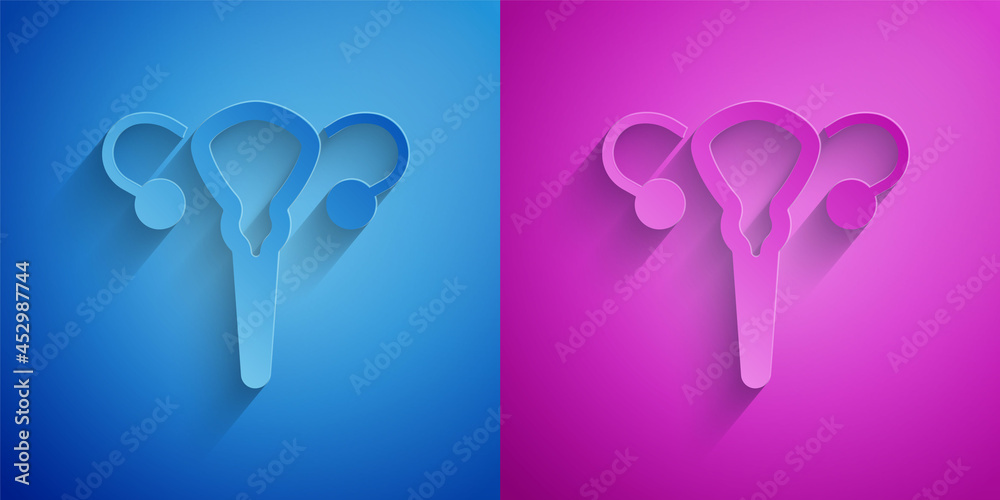 Paper cut Female reproductive system icon isolated on blue and purple ...