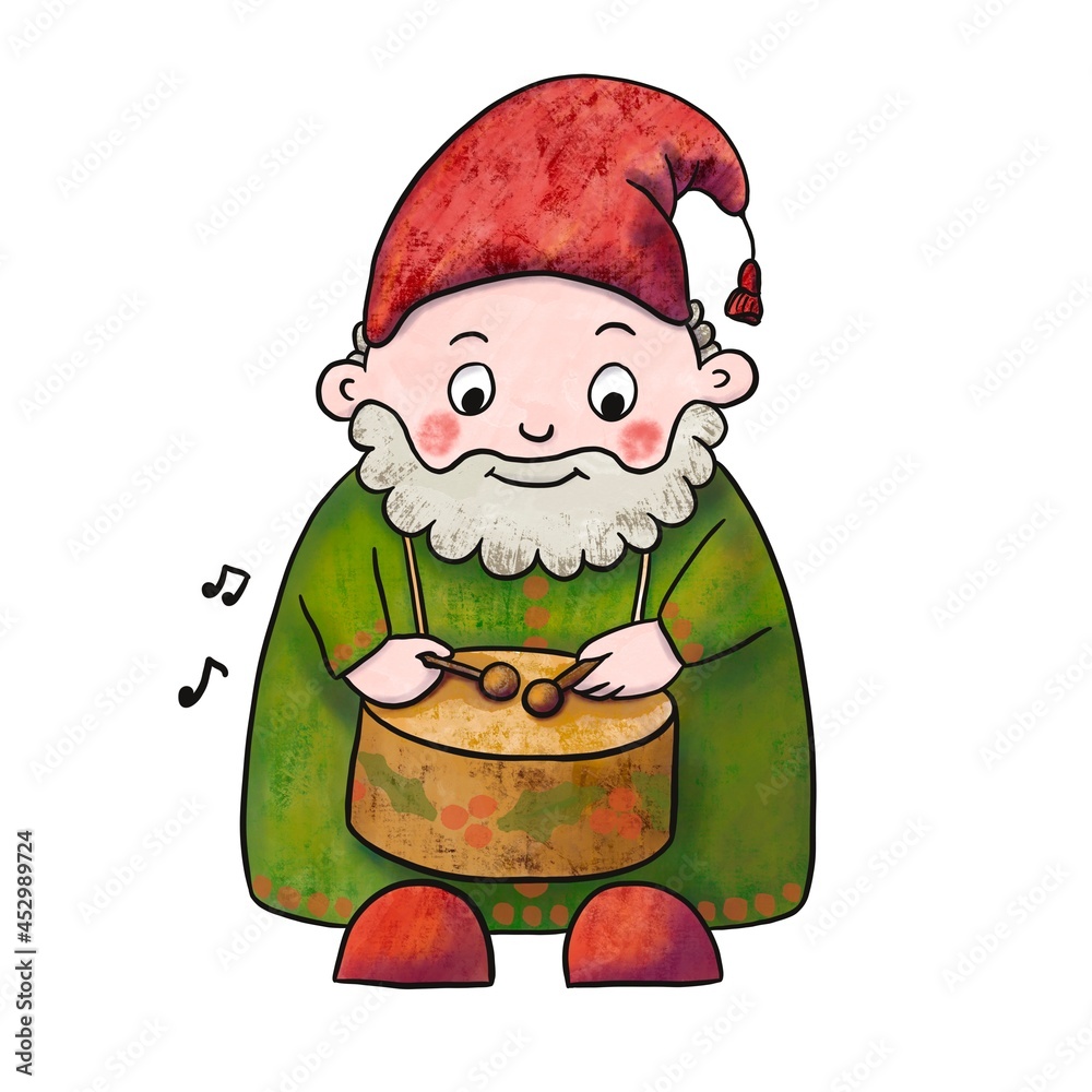 Hand-drawn illustration of Christmas gnome playing musical drum ...