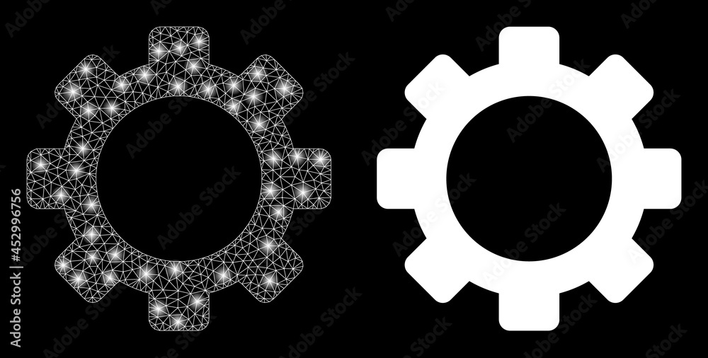 Glossy mesh vector cog with glow effect. White mesh, bright spots on a ...