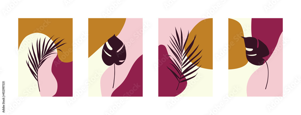 Modern minimal posters with tropical leaves and abstract organic shapes ...