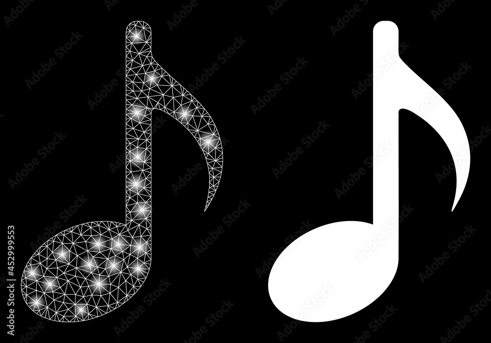 Bright mesh vector music note with glow effect. White mesh, bright ...
