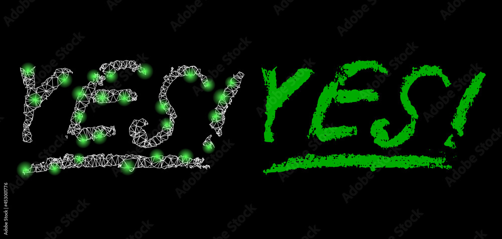Bright mesh vector Yes text with glow effect. White mesh, light spots ...