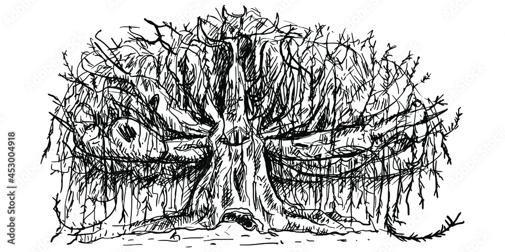 Ominous mystical tree in sketch style on a white background. A ...