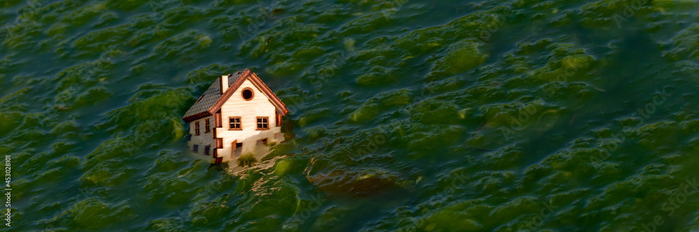 House floating and sinking underwater in sea with green algae. Damage ...