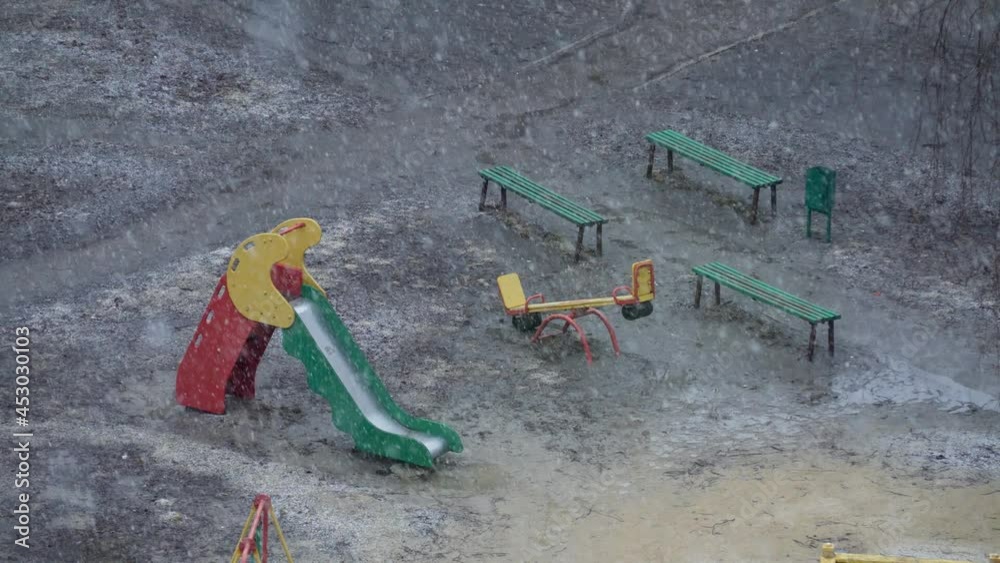 First heavy snow during blizzard in winter. Storm or poor visibility ...