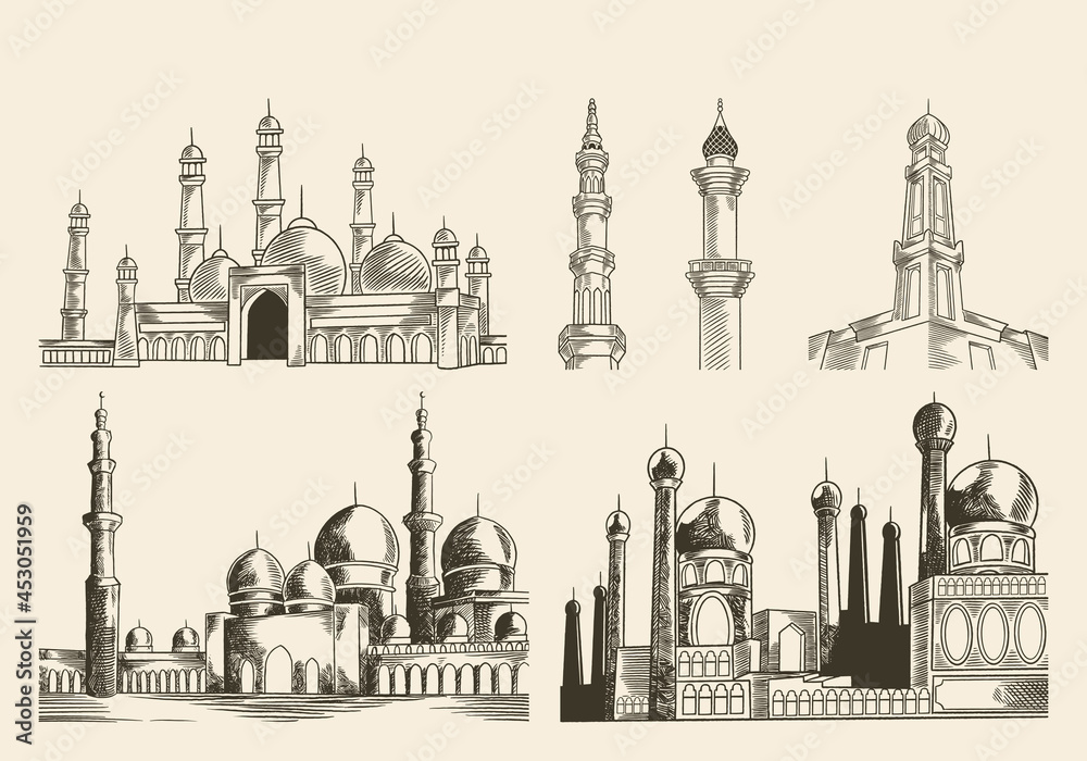 Mosque hand drawn set vintage style. Hand drawing mosque sketch drawing ...