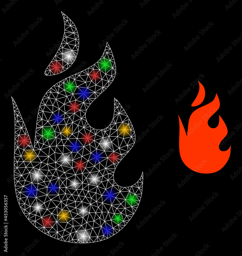 Glowing mesh network fire flame with colored flash nodes. Illuminated ... Glowing mesh network fire flame with colored flash nodes. Illuminated ...