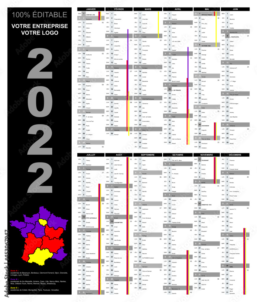 Calendrier 2022 éditable personnalisable modifiable vacances scolaires ...