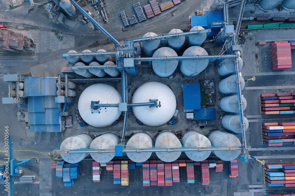 Aerial view oil terminal is industrial facility for storage of oil and ...