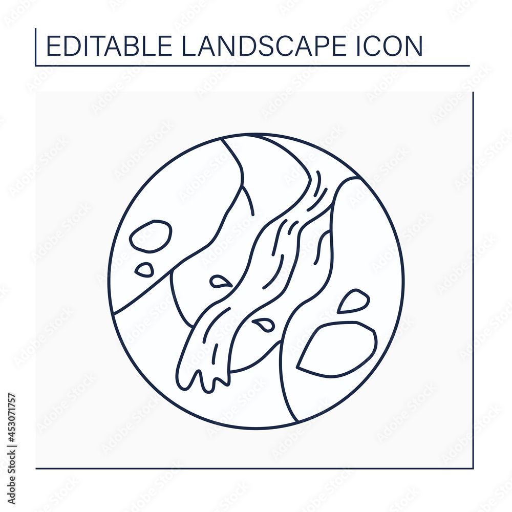 Ravine line icon. Narrow, steep depression formed by running water ...
