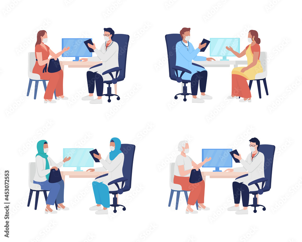 Patient visit to medical professional semi flat color vector characters ...