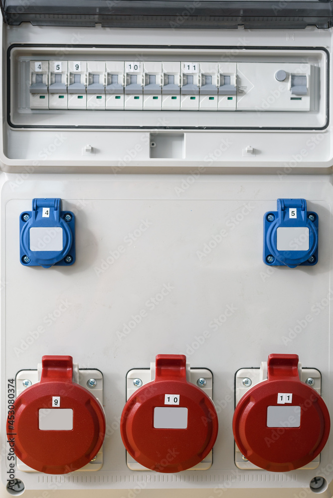 Industrial sockets on distribution board with circuit breakers ...