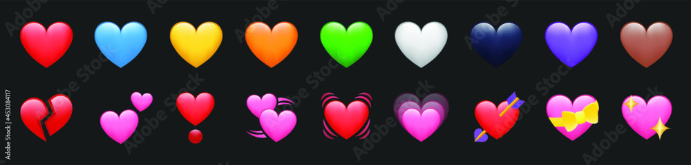 Heart Color Set Icons vector illustrations. Set of Hearts in different ...
