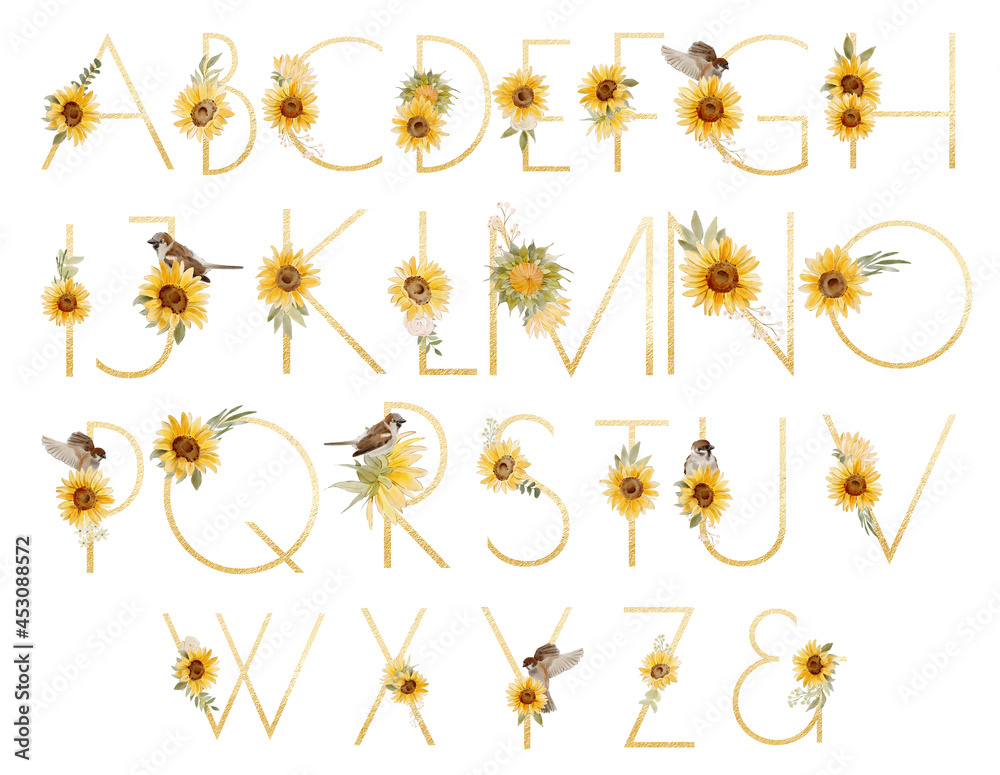 Watercolor sunflower alphabet Stock Illustration | Adobe Stock