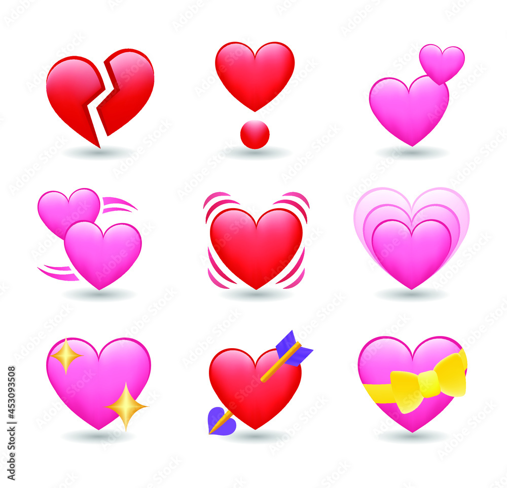 Heart Color Set Icons vector illustrations. Set of Hearts in pink and ...