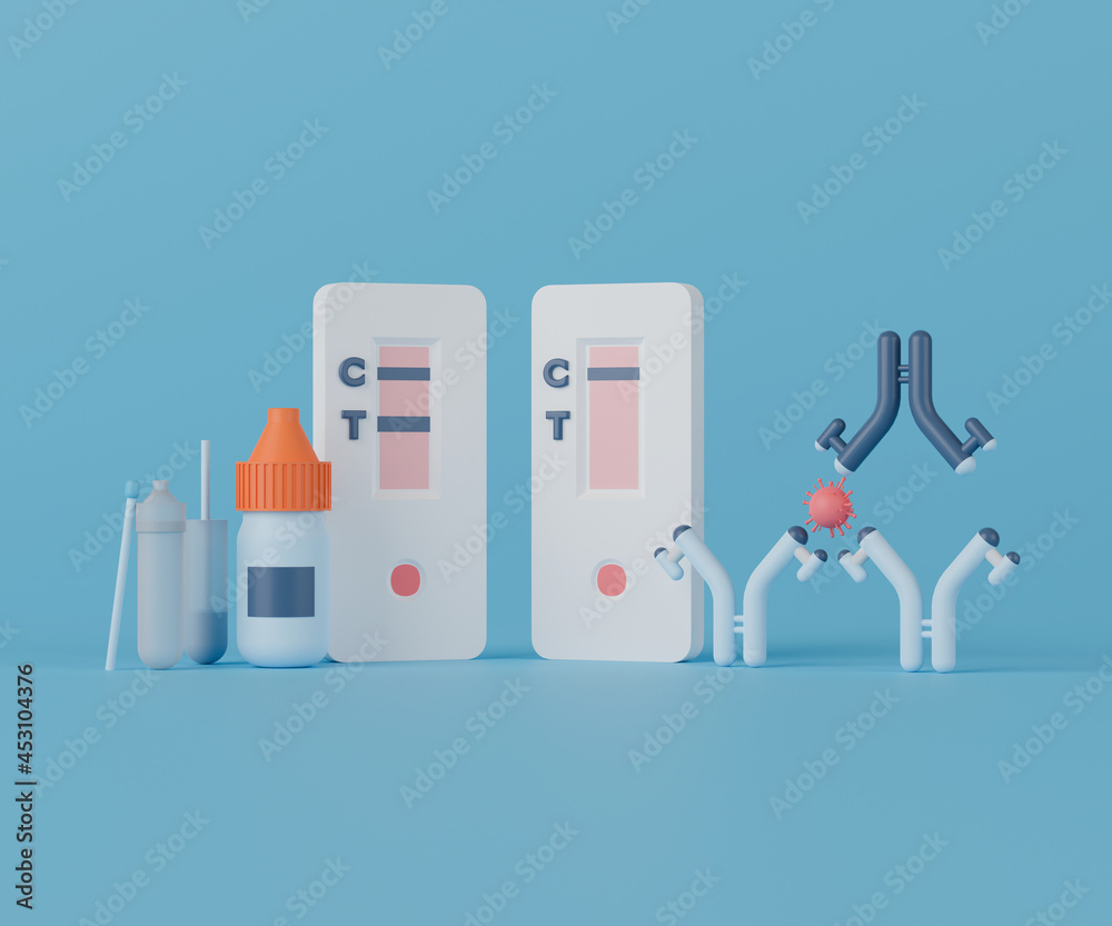 3d rendering rapid antigen test kit with nasopharyngeal swab, buffer ...
