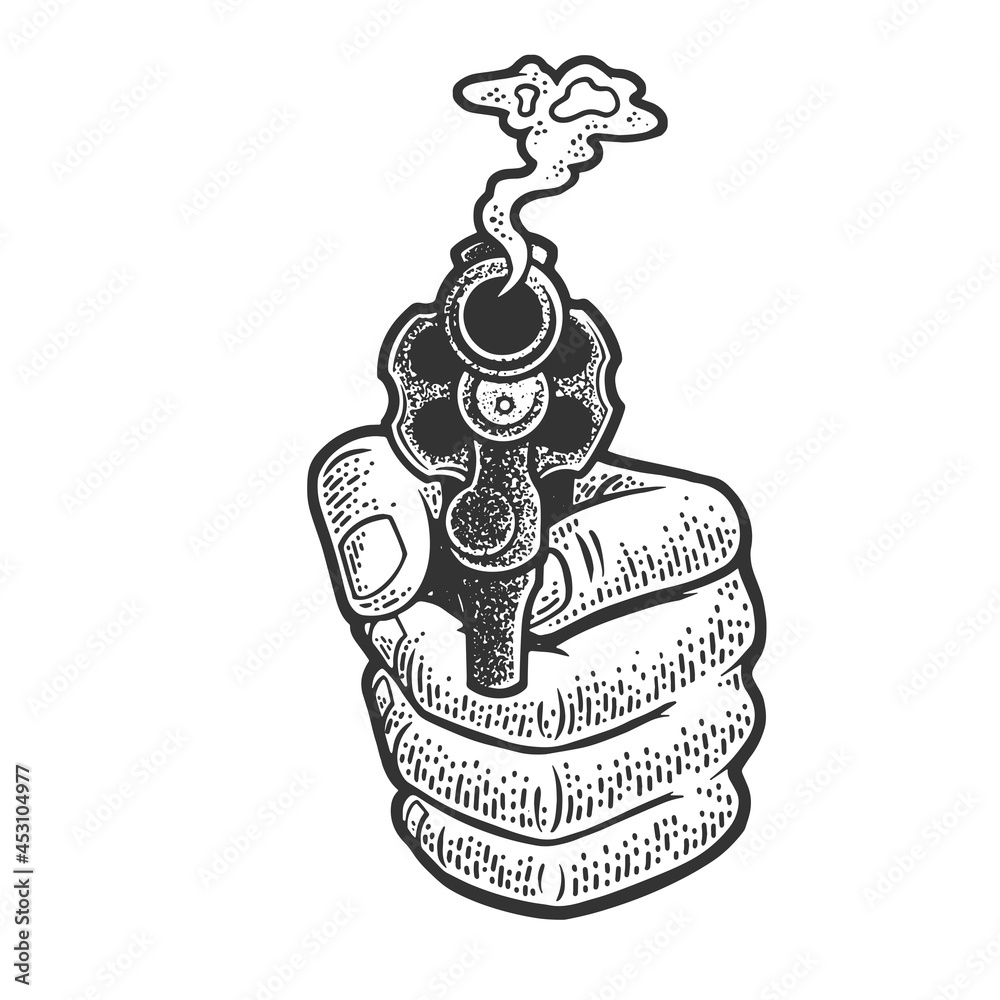 smoking revolver gun in hand sketch engraving vector illustration. T ...