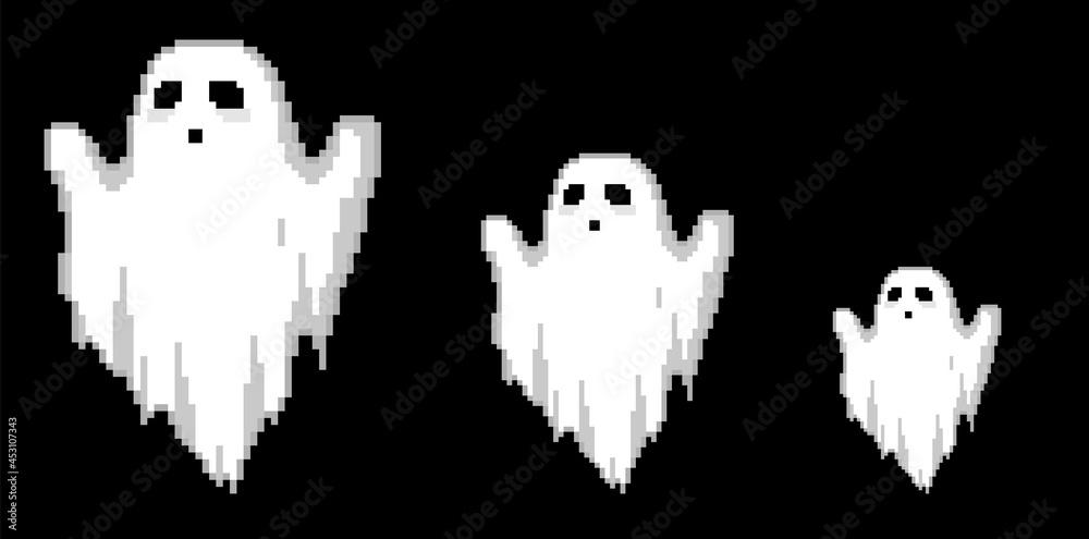 Pixel art ghosts set. Halloween retro 8 bit pixel ghosts illustration ...