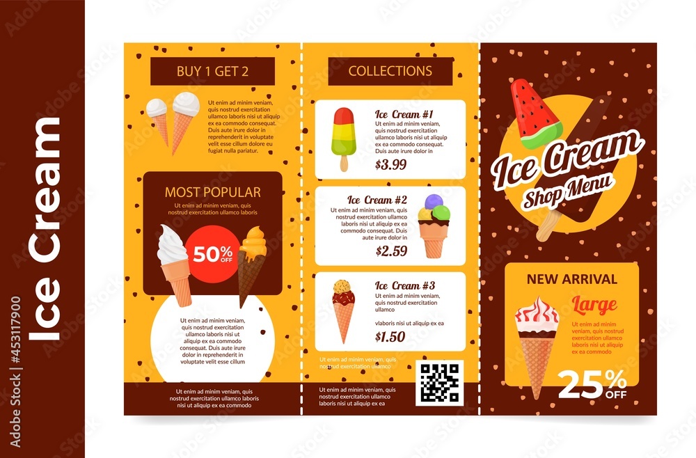 Ice cream menu poster with price, sale and types cold desserts vector ...
