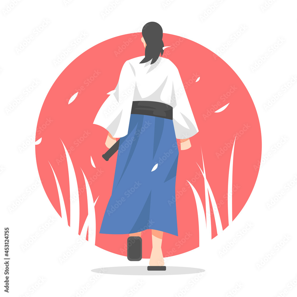 illustration of samurai with sword and kimono walking back view against ...