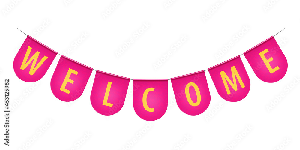 Welcome pennant banner isolated on white background. Hanging flag party ...