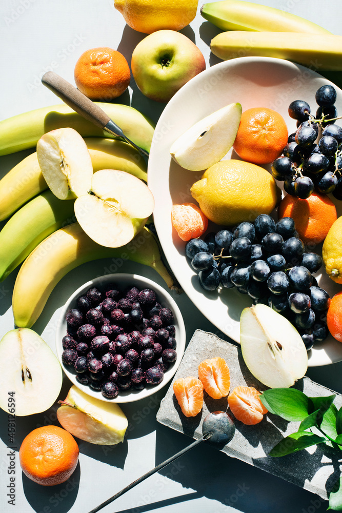 Overhead view of arrangement of assorted fruits Stock Photo | Adobe Stock