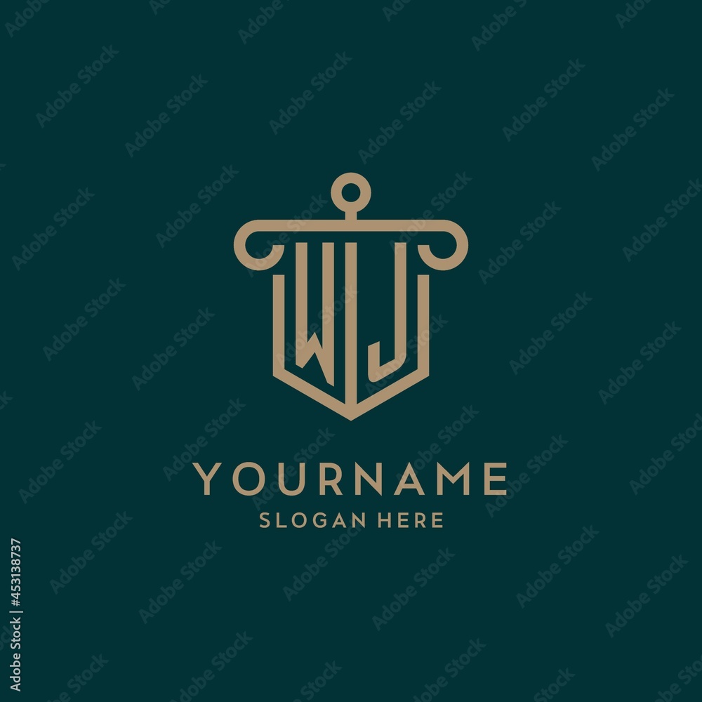 WJ monogram initial logo design with shield and pillar shape style ...