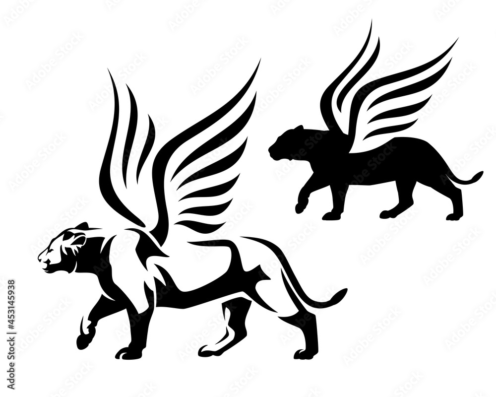 beautiful winged lioness walking forward side view portrait - black and ...
