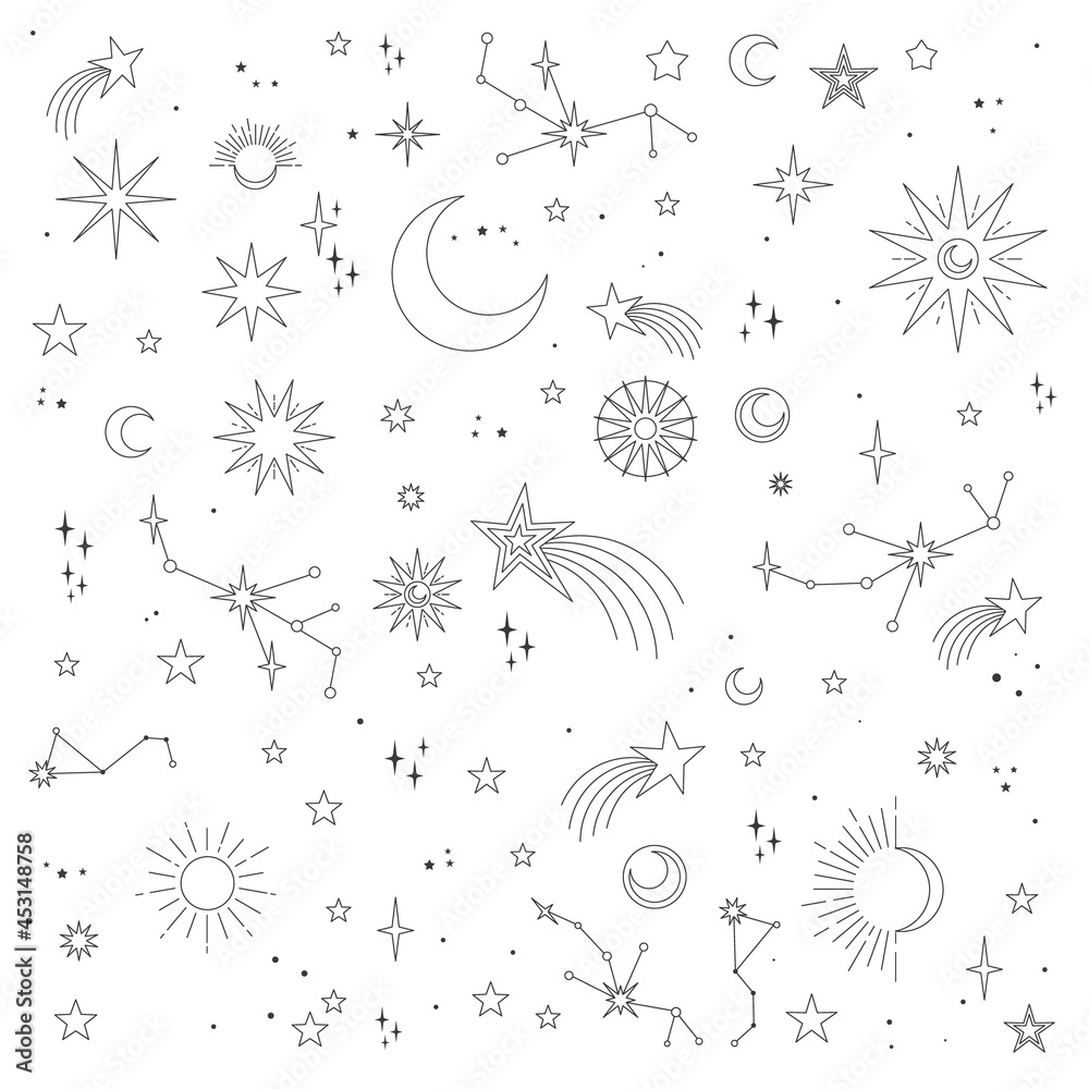 Stars, moons and constellations. Linear design astrology elements ...