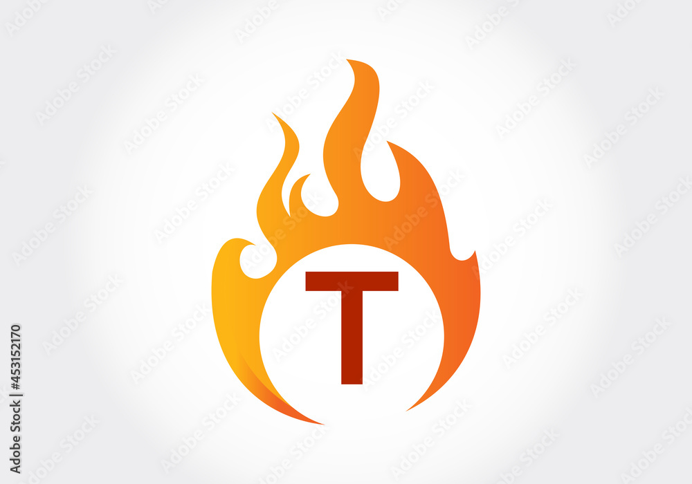 Initial T monogram alphabet with fire logo . Burning flame design ...