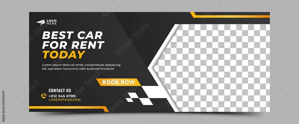 Car rental banner template design. Black background with yellow shape ...