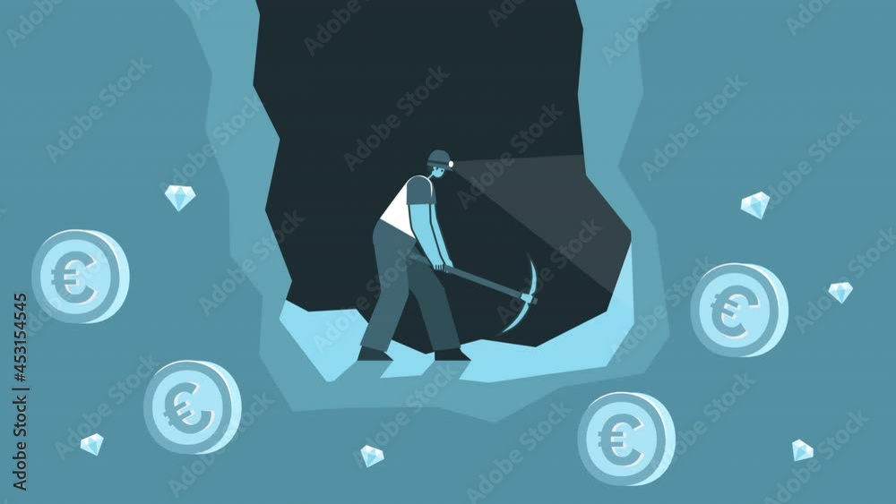 Flat man miner working with mining pickaxe in mine with euro coins ...