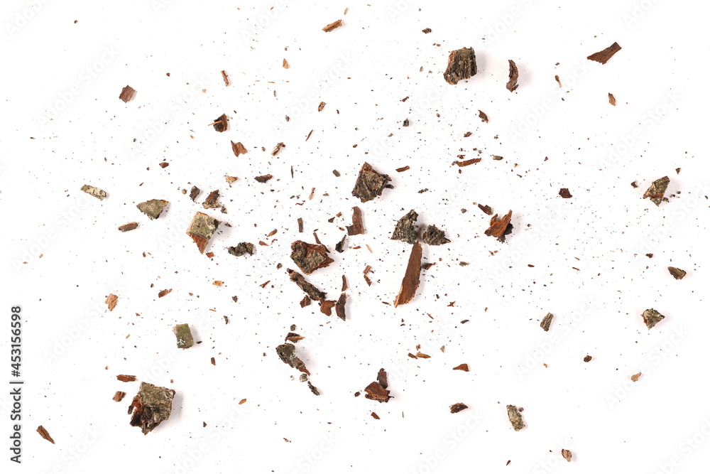 Wood pieces and dust, crushed tree bark isolated on white background ...