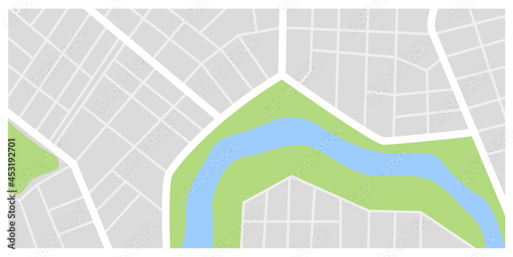 City map. Town streets with green line park and river. Downtown gps ...
