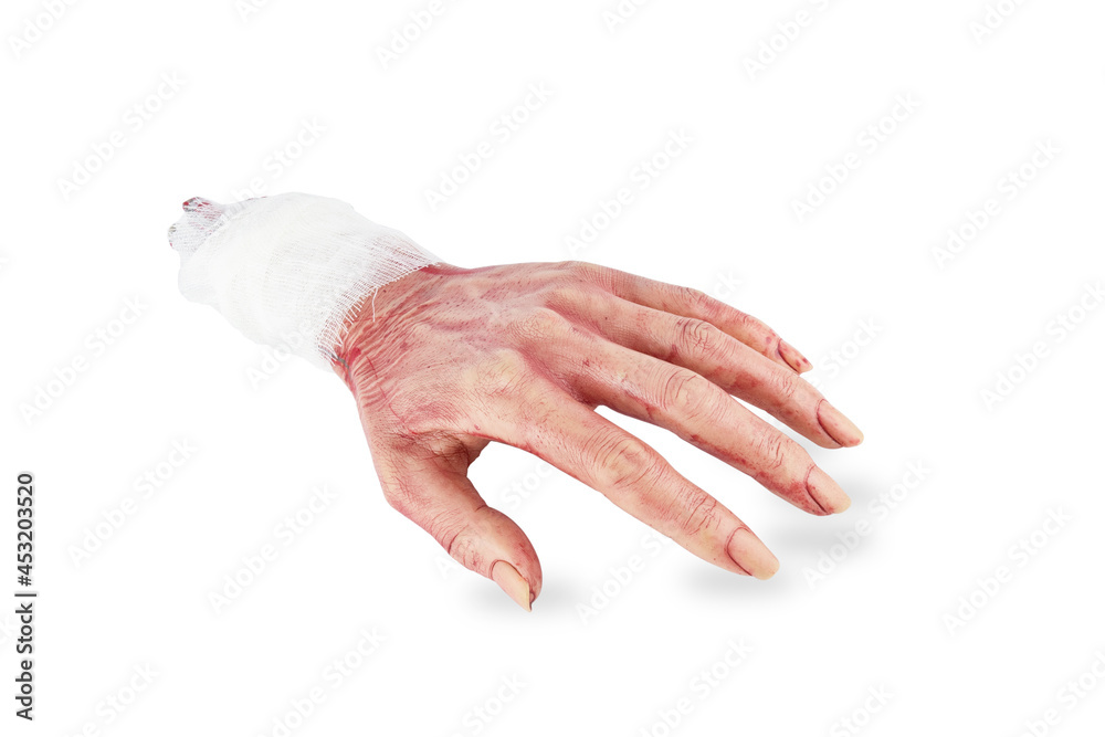 Realistic artificial severed dead human hand with bandage, isolated on ...