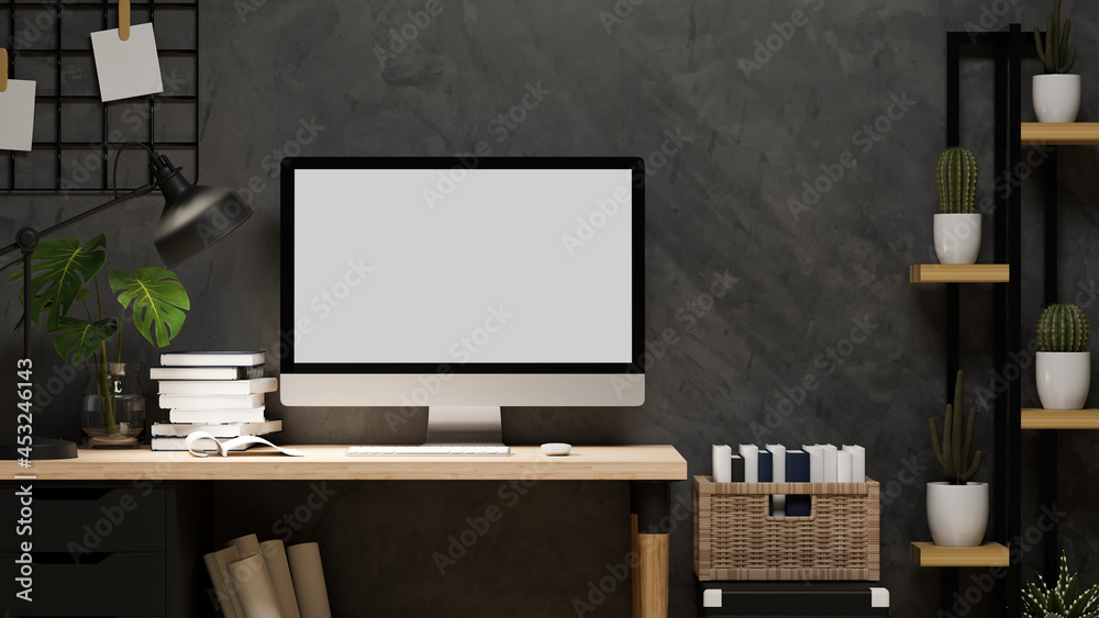 Modern loft industrial home office interior design with computer ...